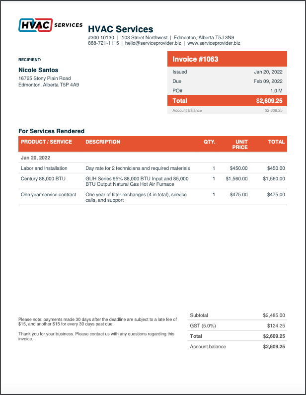 Hvac Service Invoice