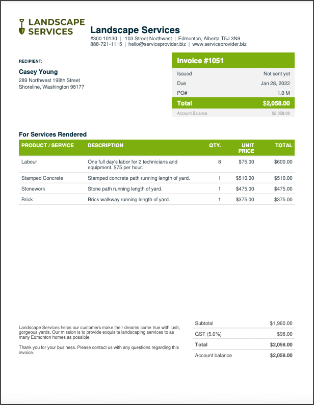 Landscaping Bill Template