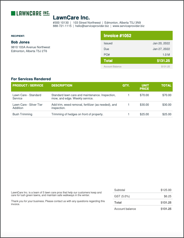 Lawn Mowing Invoice Template Free
