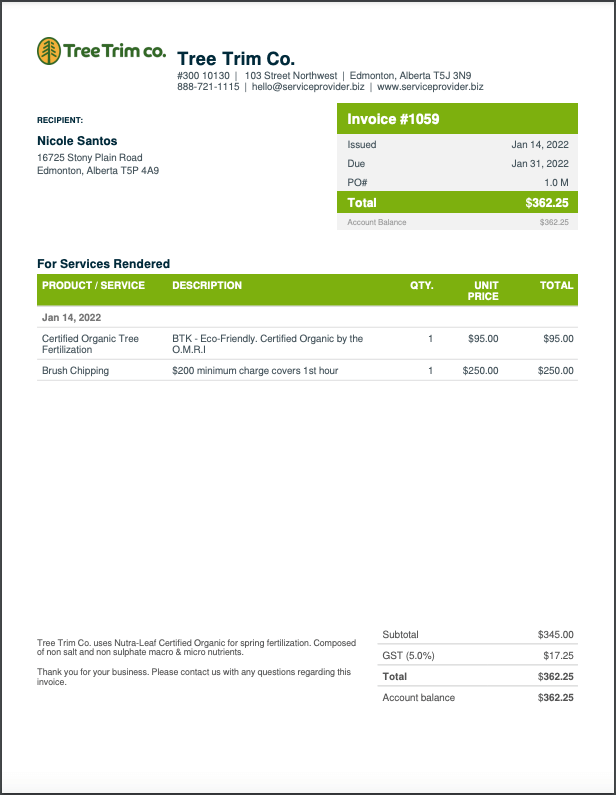 Tree Service Invoice