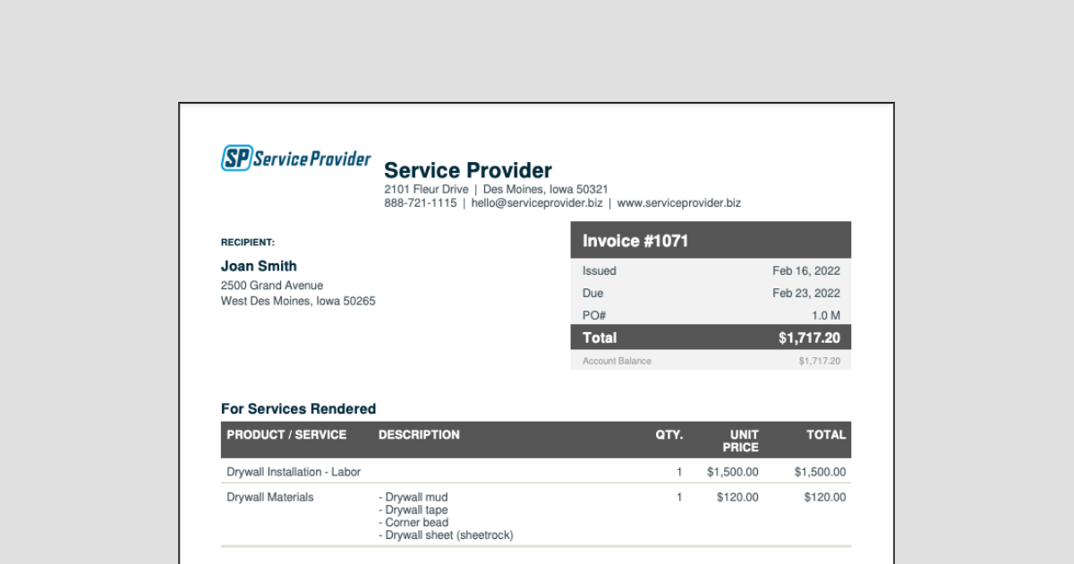 Free Drywall Invoice Template Edit Download Fast Jobber