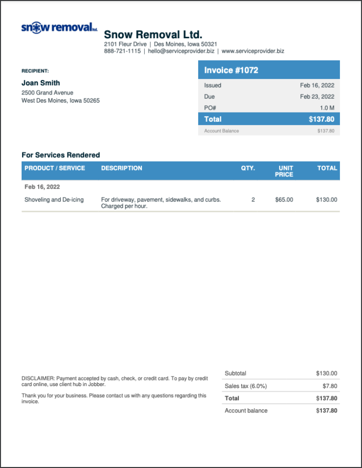 Free Snow Removal Invoice Template Invoice Generator Jobber