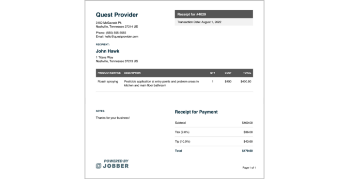 Free Pest Control Receipt Template | Edit & Download | Jobber