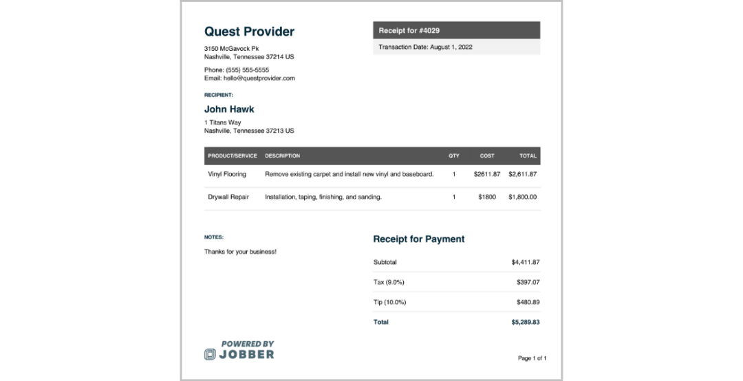 Free Contractor Receipt Template | Edit & Download | Jobber