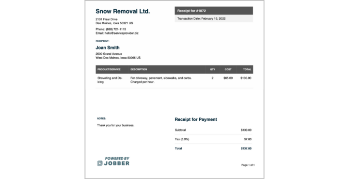Free Snow Removal Receipt Template | Edit & Download | Jobber